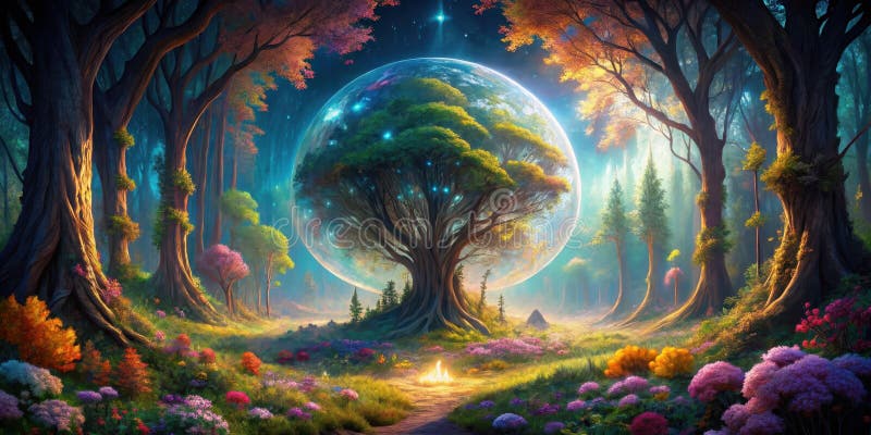 Enchanted Forest Path Leading To a Glowing Celestial Tree Under a Mystical Orb. Generative AI ...