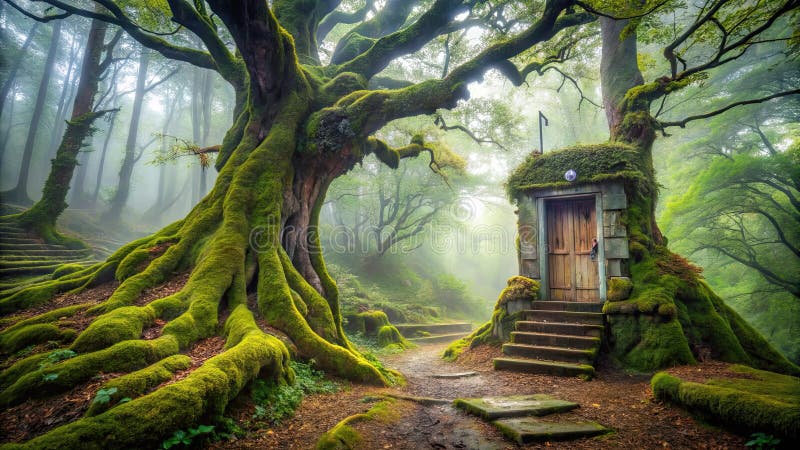 Enchanted Forest Path Leading To Mossy Stone Doorway within Ancient Tree Roots. Generative AI ...