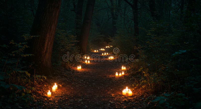 Enchanted Forest Path Lit by Candles at Night Stock Illustration ...