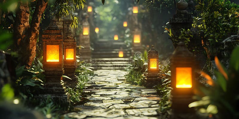 Enchanted Forest Path Lit by Glowing Lanterns Stock Illustration ...