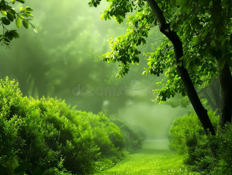 Enchanted Forest Path with Lush Greenery and Sunlight Streaming through ...