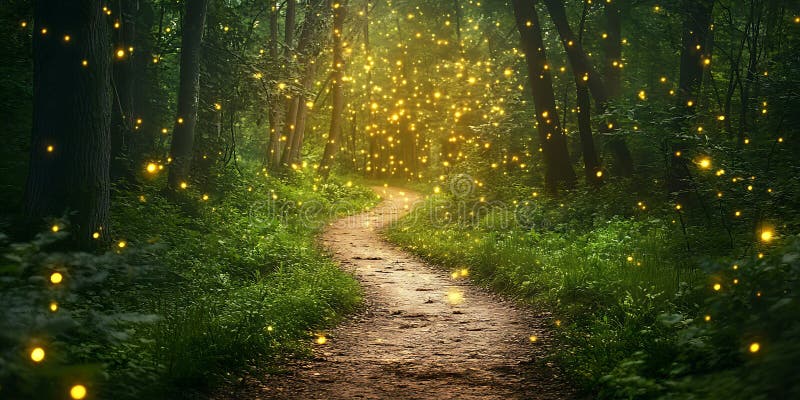 Enchanted Forest Path: Magical Firefly Night Scene Stock Illustration ...