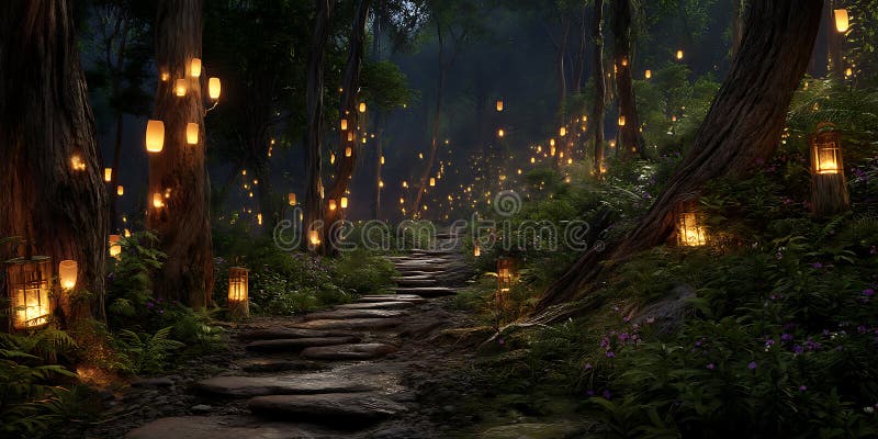 Enchanted Forest Path Magical Night Scene Stock Illustration - Illustration of forest, video ...