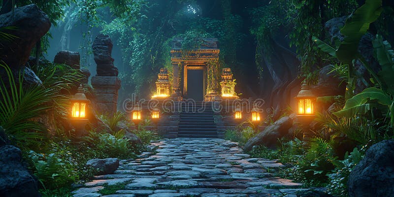 Enchanted Forest Path Magical Night Scene with Lighted Temple Stock ...