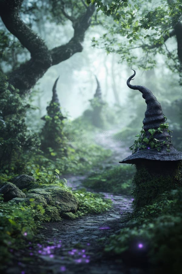 Enchanted Forest Path with Mysterious Witch Hats and Mystical Glow ...