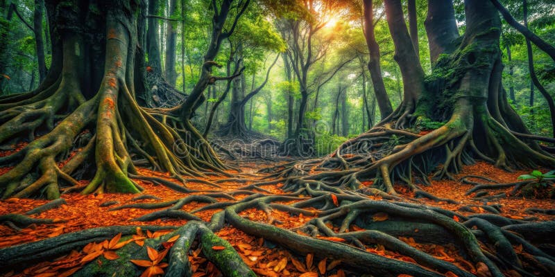 Enchanted Forest Path a Mystical Journey through Ancient Tree Roots and Autumn Leaves ...