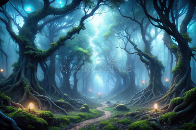 Enchanted Forest Path a Mystical Journey through Ancient Trees with Glowing Lights. Generative ...