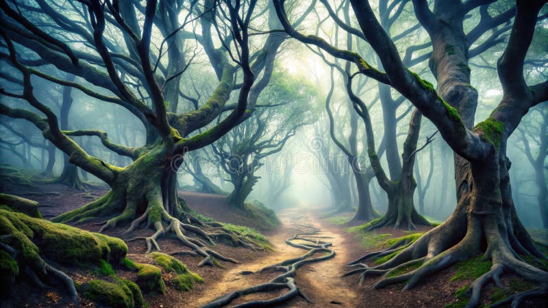Enchanted Forest Path a Mystical Journey through Ancient Trees and Moss-covered Roots ...