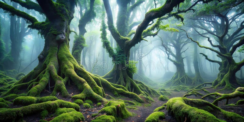 Enchanted Forest Path a Mystical Journey through Moss-draped Ancient Trees. Generative AI Stock ...