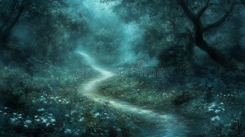 Enchanted Forest Path at Night with Glowing Fireflies Stock ...