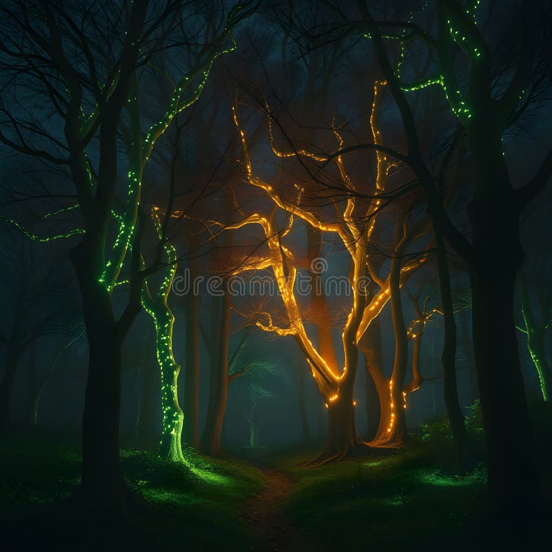 Enchanted Forest Path at Night: Glowing Trees and Mysterious Atmosphere ...