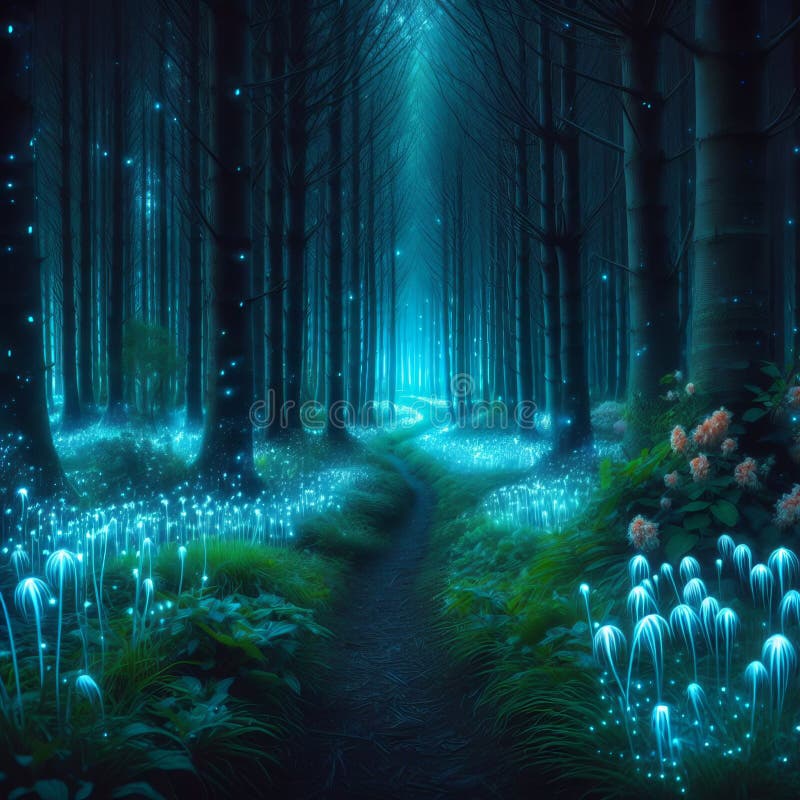 Enchanted Forest Path at Night Stock Image - Image of light, ethereal ...