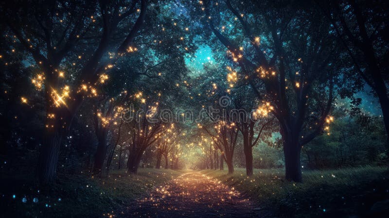 Enchanted Forest Path, a Nighttime Journey through Glowing Trees Stock ...
