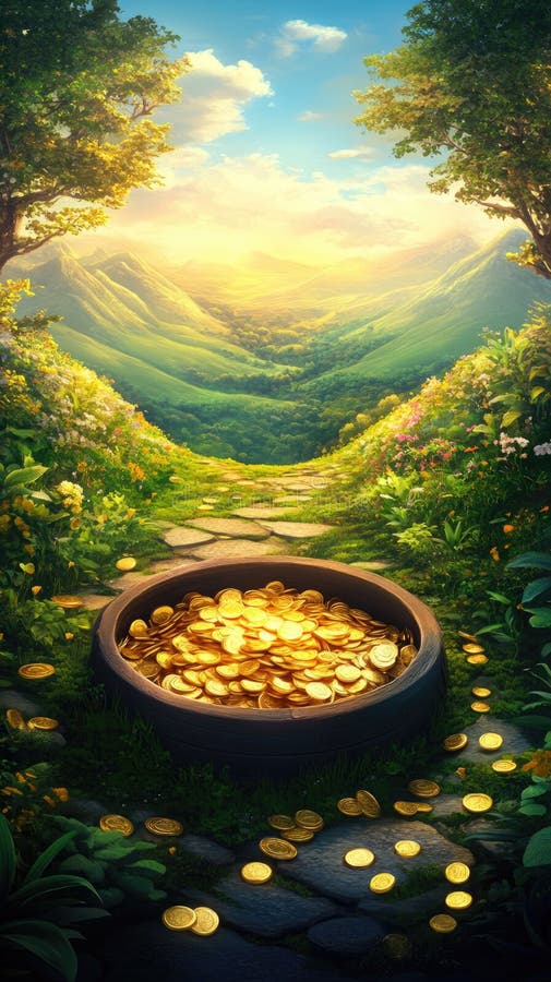Enchanted Forest Path with Pot of Gold in Sunny Landscape. Happy St ...