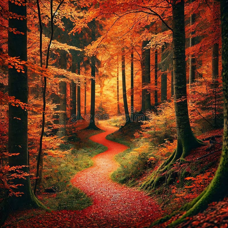 Enchanted Forest Path with Red Leaves Generative for AI Stock ...