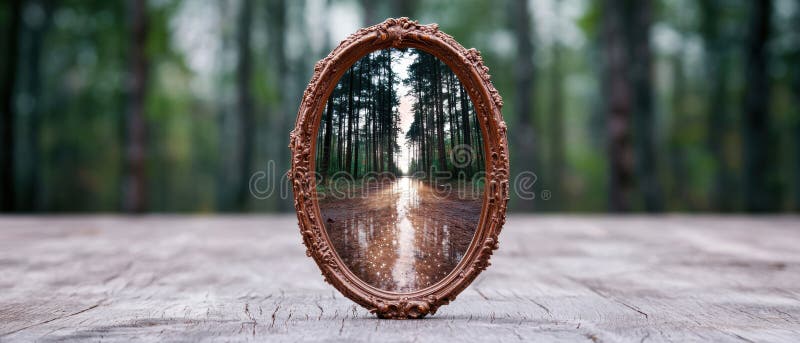 Enchanted Forest Path Reflected in Ornate Mirror Frame Stock ...