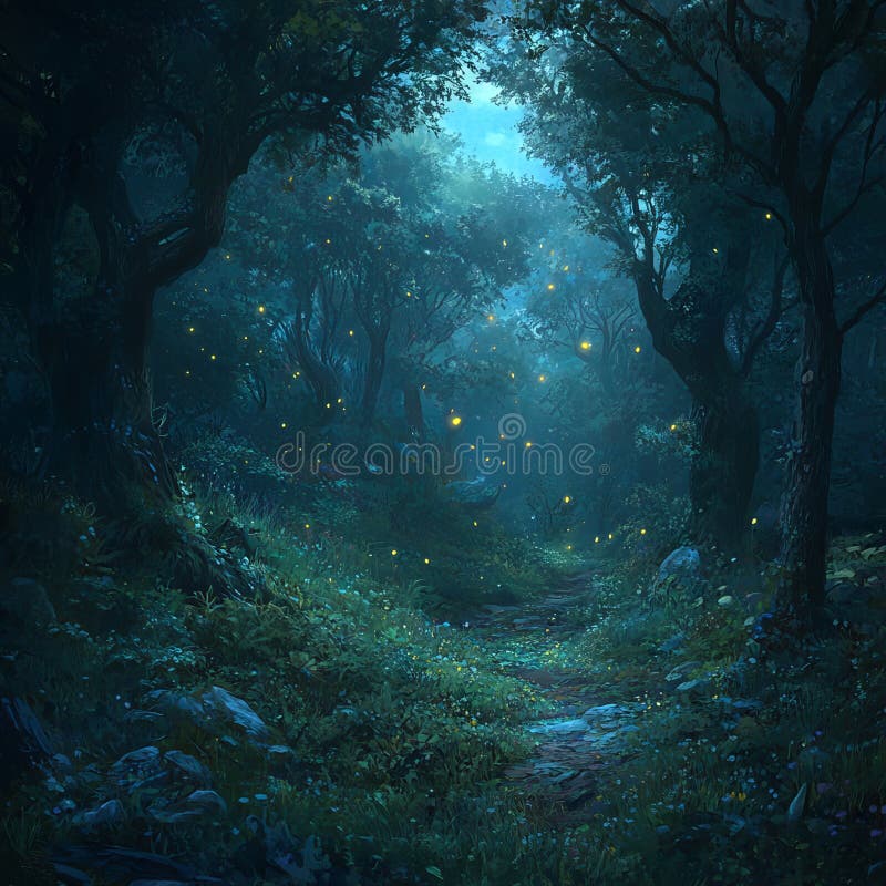The Enchanted Forest Path Shines with Fireflies at Night Stock Image ...