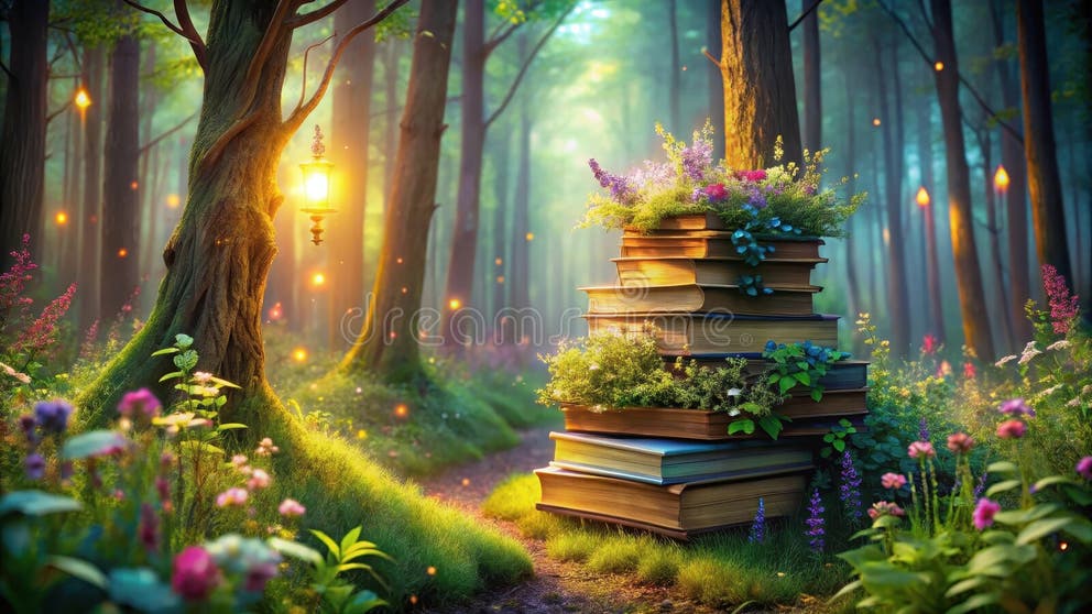 Enchanted Forest Path with Stack of Books Adorned with Blossoming Plants and Glowing Lanterns ...