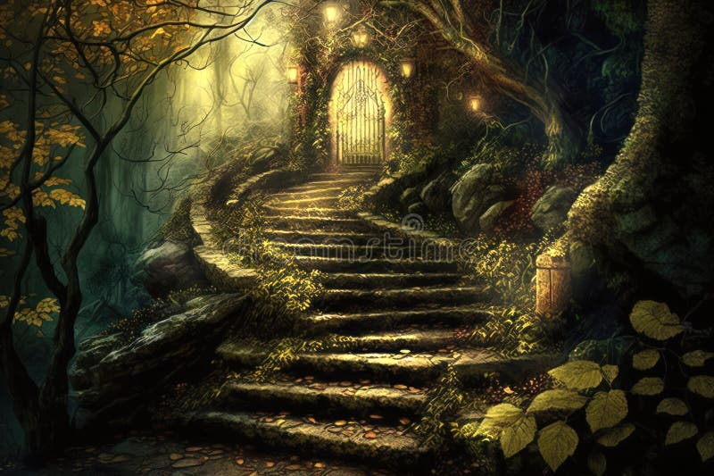 Enchanted Forest Path with Step Stairs. Landscape Glittering Leaves ... Enchanted Forest Path with Step Stairs. Landscape Glittering Leaves ...
