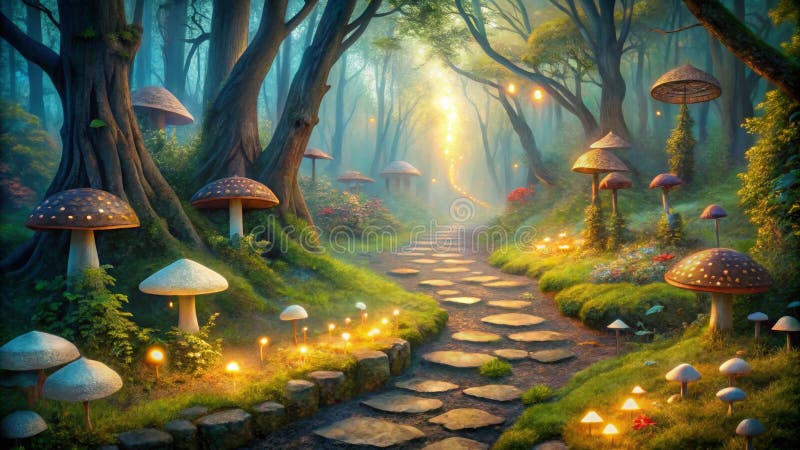 Enchanted Forest Path Stone Steps, Glowing Mushrooms, Fantasy Landscape ...