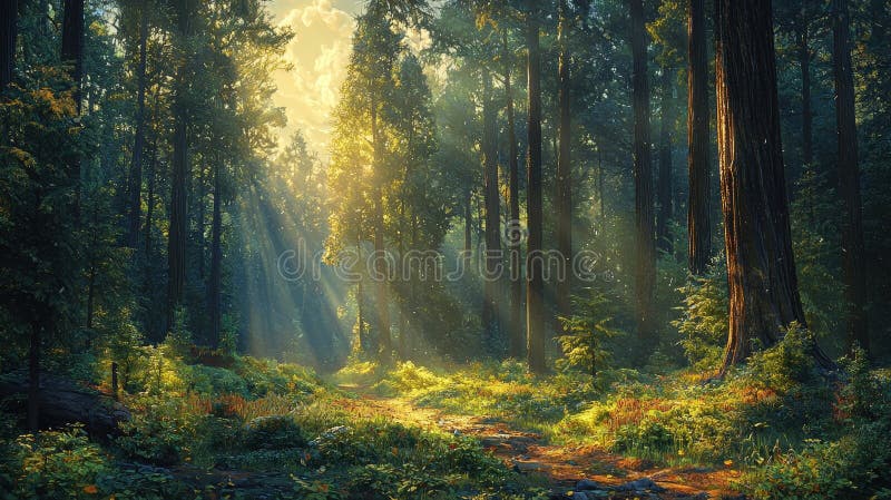 Enchanted Forest Path with Sun Rays Stock Image - Image of calm ...