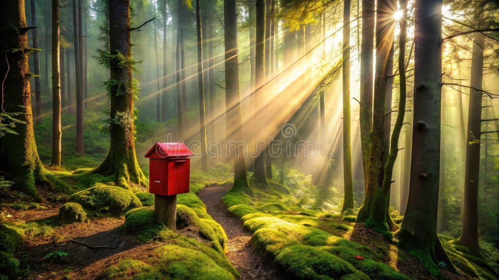 Enchanted Forest Path with Sunbeams and a Red Postbox. Generative AI ...