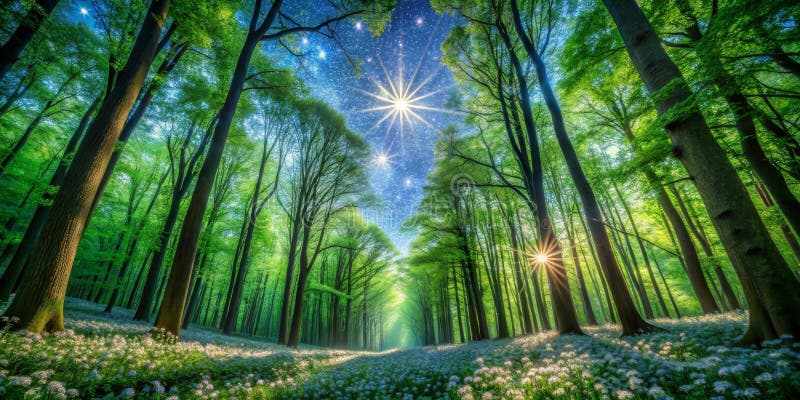 Enchanted Forest Path Sunbeams and Stars in a Spring Bloom. Generative AI Stock Illustration ...