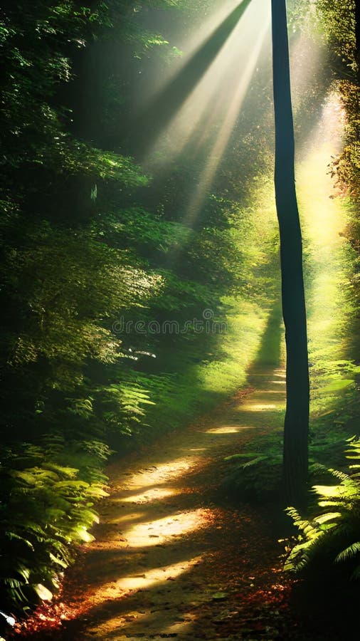 Enchanted Forest Path with Sunlight Peeking through Foliage Stock ...