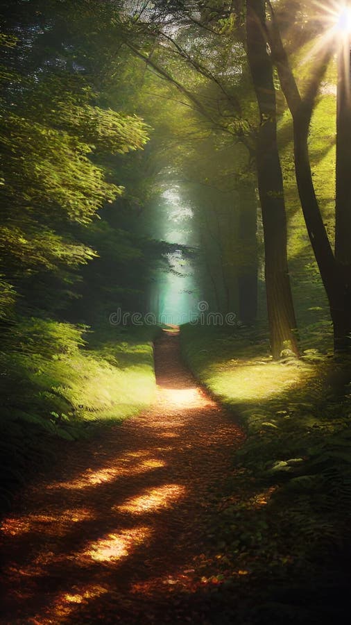 Enchanted Forest Path with Sunlight Peeking through Foliage Stock ...