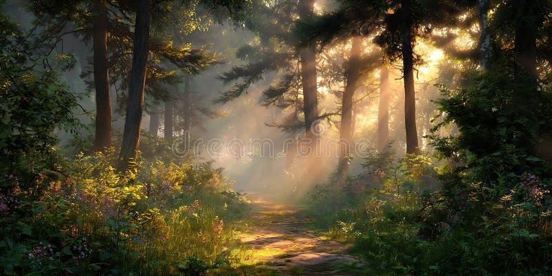 Enchanted Forest Path Sunlit Woodscape Stock Illustration - Illustration of green, landscape ...