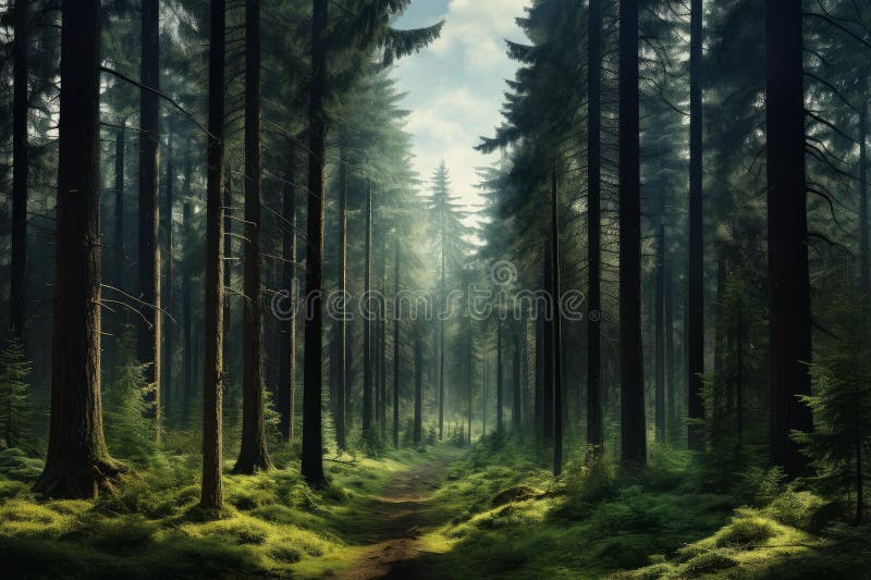 Enchanted Forest Path at Sunrise Stock Illustration - Illustration of ...