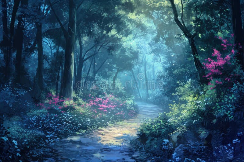 Enchanted Forest Path at Twilight Stock Illustration - Illustration of ...