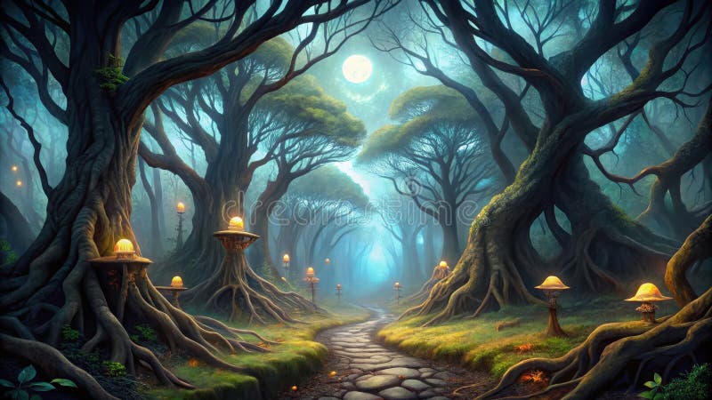 Enchanted Forest Path Under a Full Moon Mystical Glowing Lights Line a Stone Road. Generative AI ...