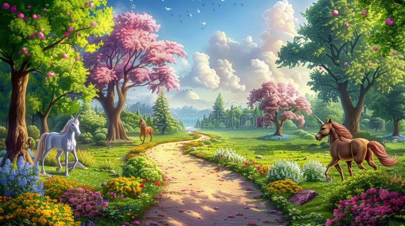 Enchanted Forest Path with Unicorns and Horses in a Vibrant Spring ...