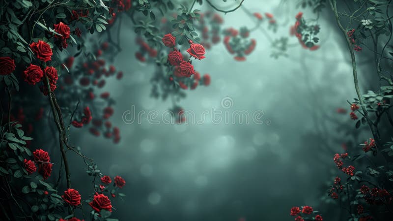 Enchanted Forest Pathway Adorned with Blooming Red Roses in Soft Mist ...