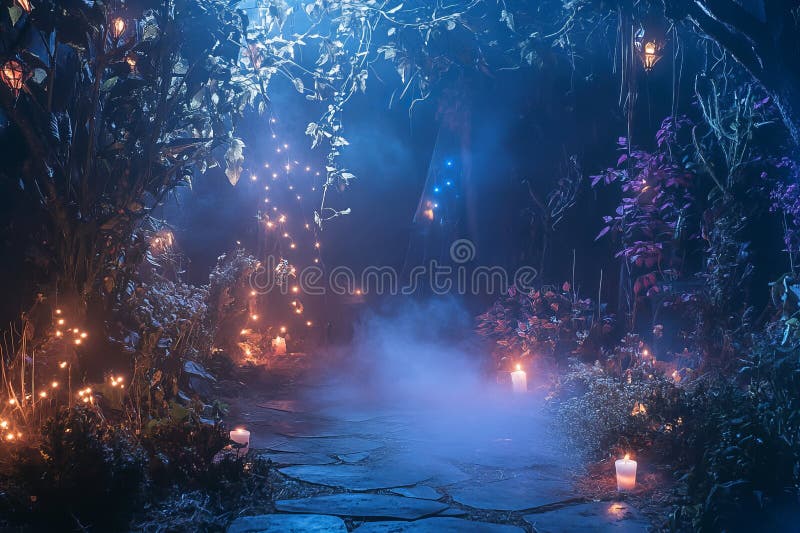 Enchanted Forest Pathway with Candles and Glowing Lights Stock ...