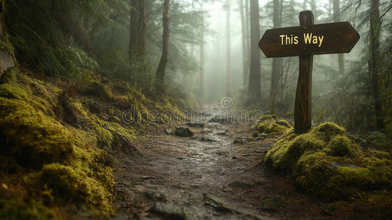 Enchanted Forest Pathway with Direction Sign Amidst Misty Trees Stock ...