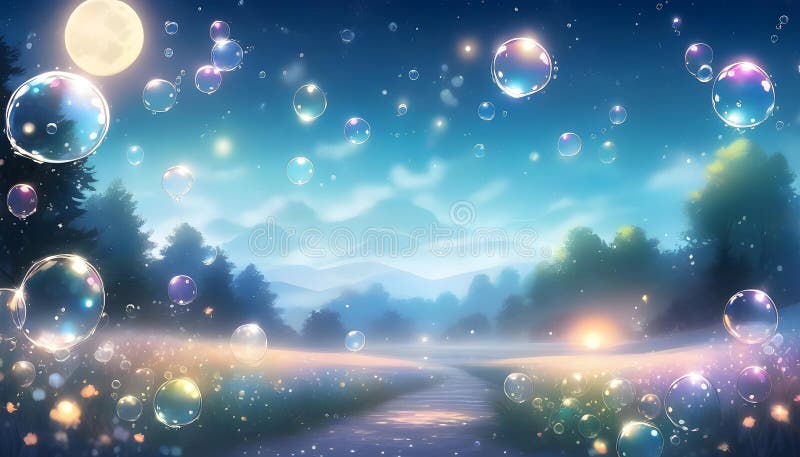 Enchanted Forest Pathway with Glowing Bubbles and a Mystical Moonlit ...