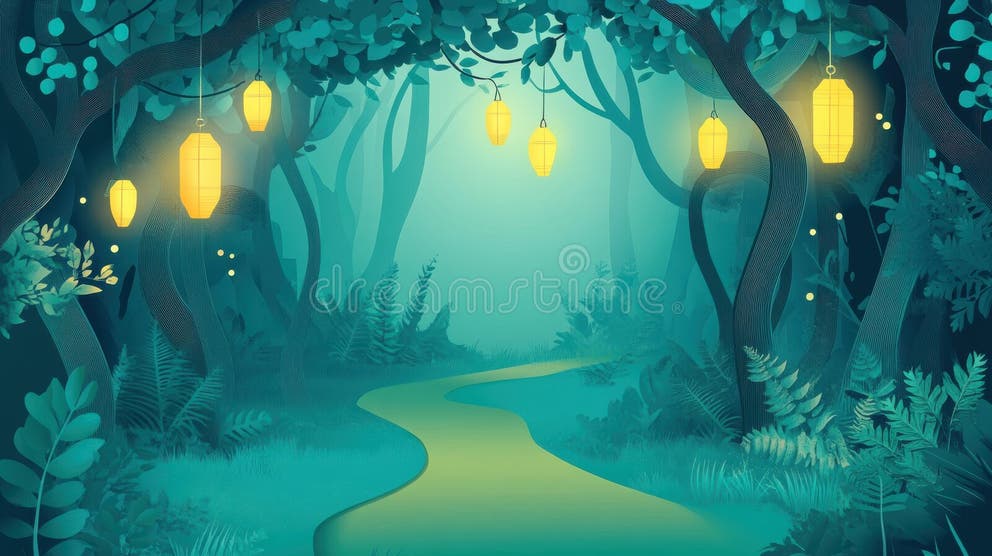 Enchanted Forest Pathway with Glowing Lanterns among Lush Greenery ...