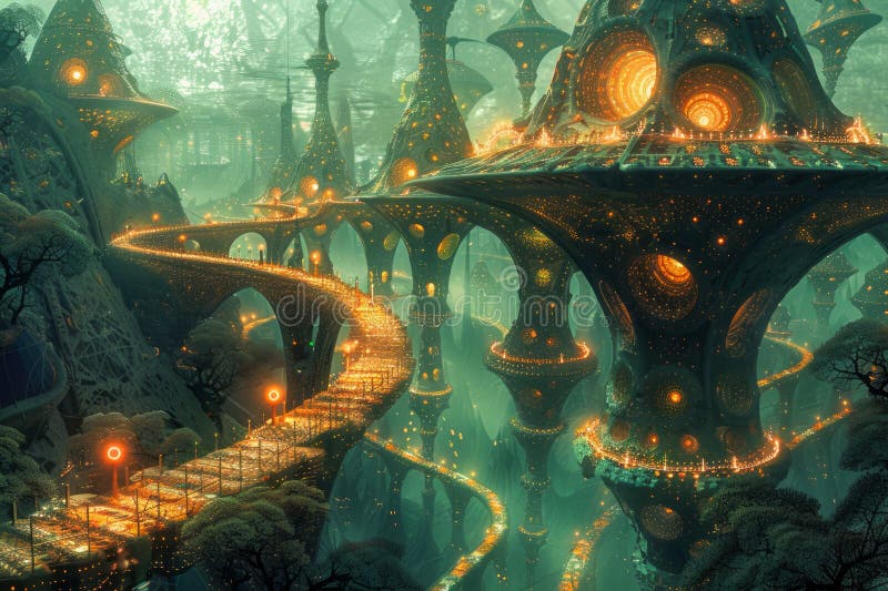 Enchanted Forest Pathway with Illuminated Fantasy Mushroom Structures ...