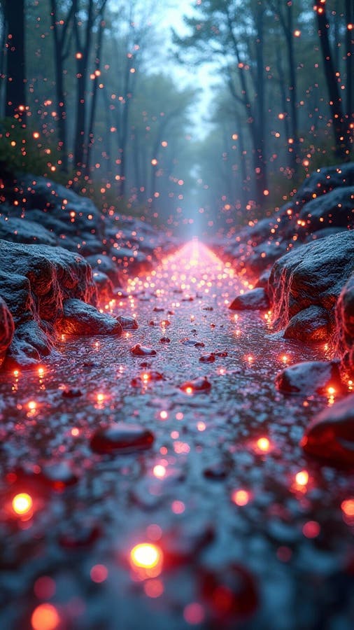 Enchanted Forest Pathway Illuminated by Fiery Red Glowing Lights at ...