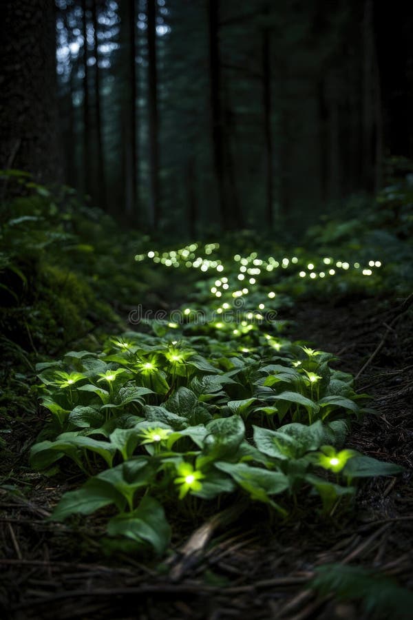 Enchanted Forest Pathway Illuminated by Glow-in-the-dark Plants in Lush Woodland Stock Image ...