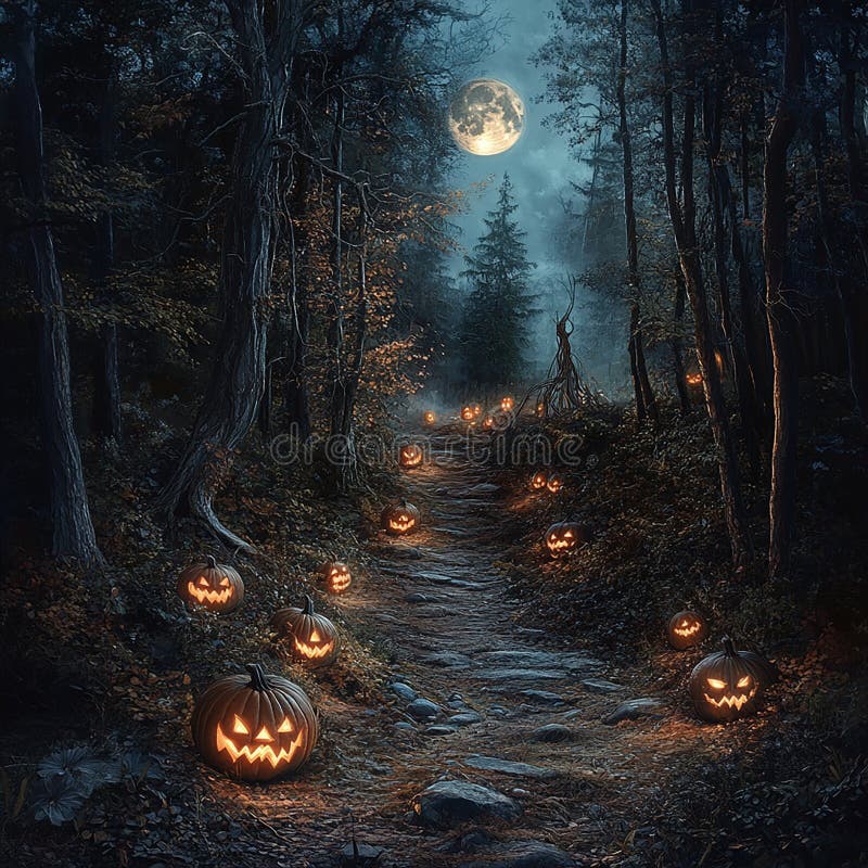 Enchanted Forest Pathway Illuminated by Glowing Carved Pumpkins Stock ...