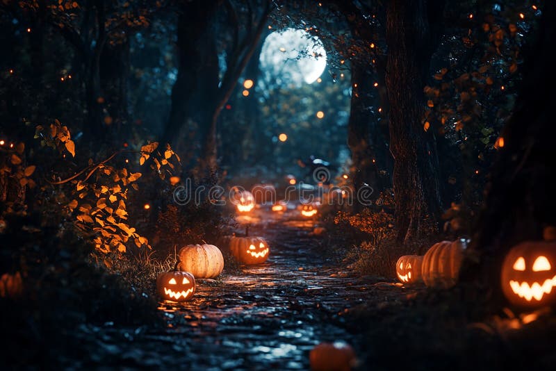 Enchanted Forest Pathway Illuminated by Glowing Carved Pumpkins Stock ...