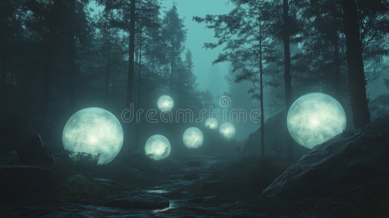 Enchanted Forest Pathway Illuminated by Glowing Orbs at Dusk in a ...