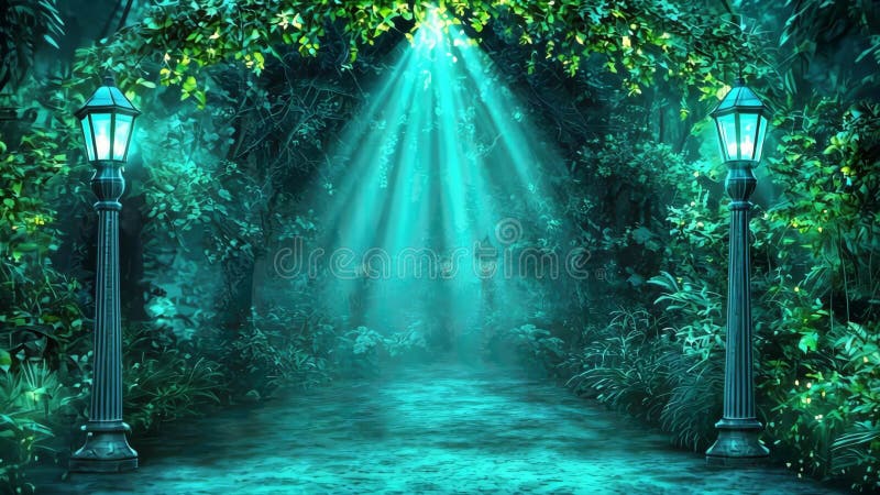 Enchanted Forest Pathway with Illuminated Lamp Posts and Lush Greenery ...