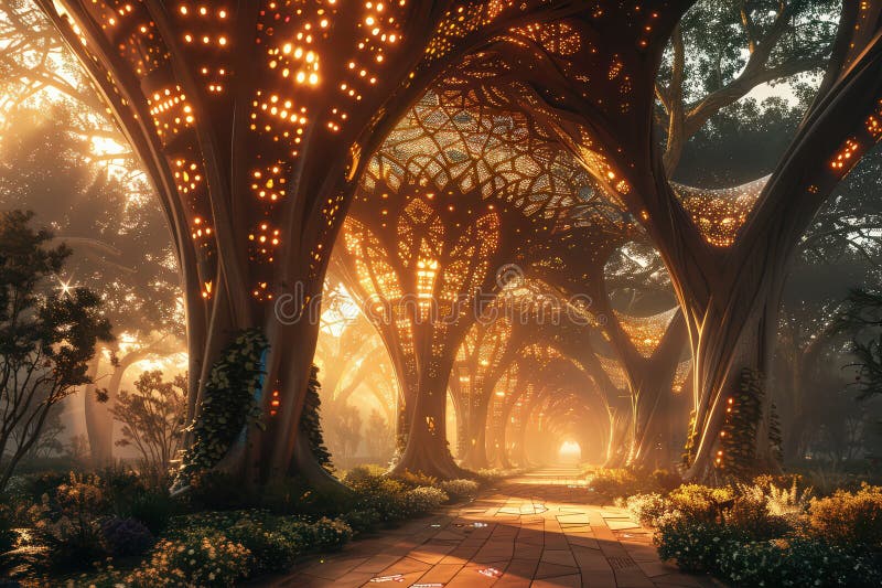 Enchanted Forest Pathway Illuminated by Magical Golden Lights Stock Illustration - Illustration ...