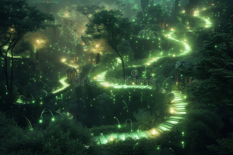 Enchanted Forest Pathway Illuminated by Magical Lights at Night Stock ...