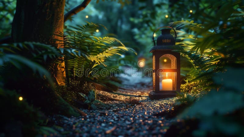 Enchanted Forest Pathway Illuminated by a Vintage Lantern Stock ...