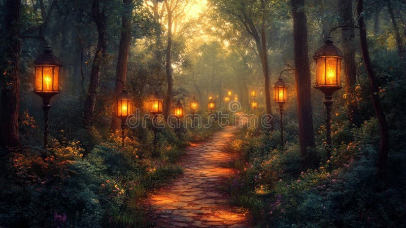 Enchanted Forest Pathway Illuminated by Warm Lantern Light during ...